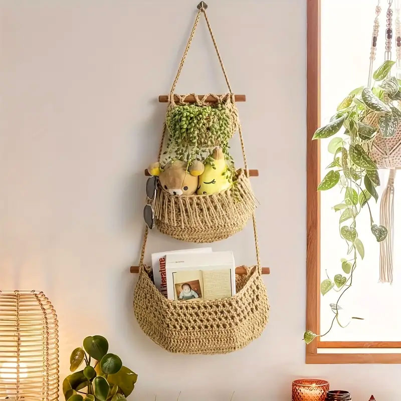 Artisanal 3-Tier Macramé Hanging Storage Baskets, Natural Jute Rope ...